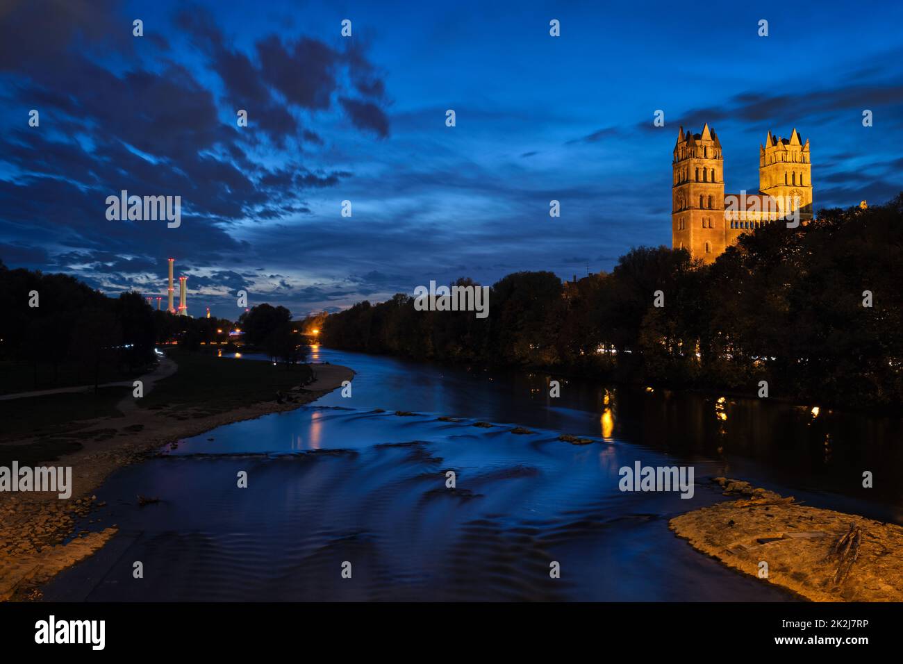 Isar river, park and St Maximilian church from Reichenbach Bridge ...