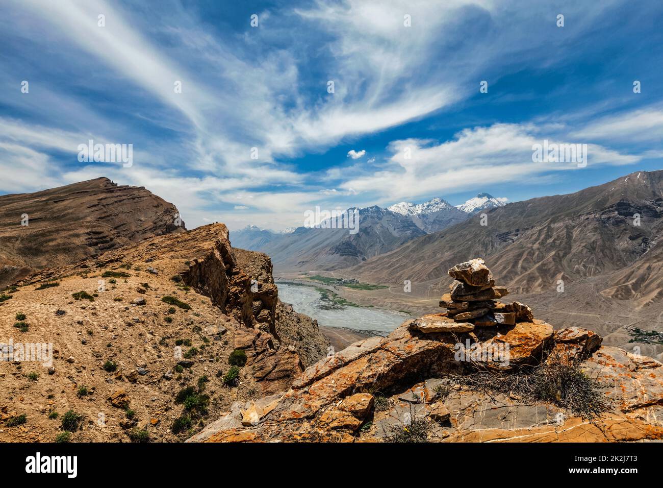 View of Spiti valley Himalayas with stone cairn . Spiti valley ...
