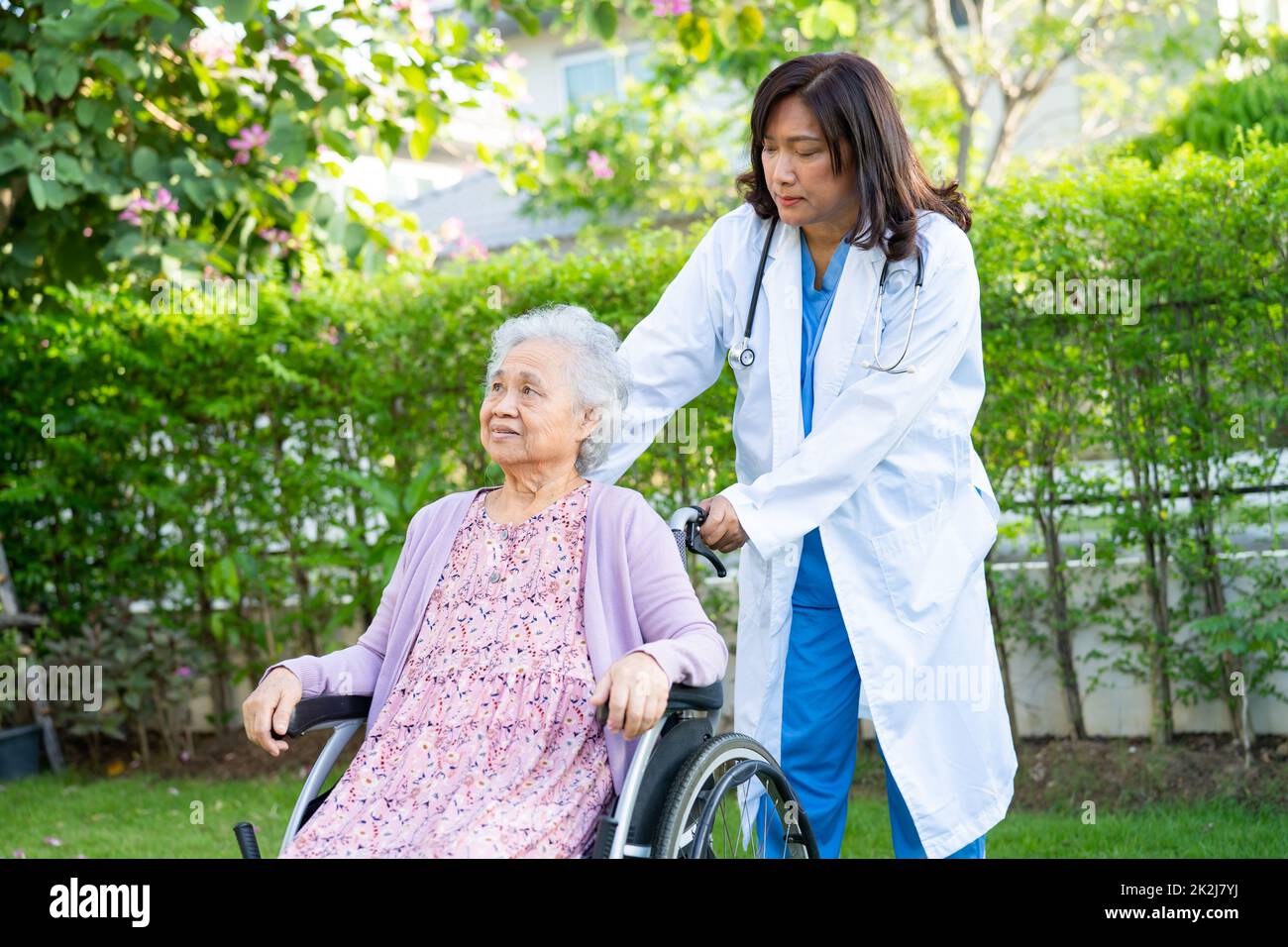Doctor help and care Asian senior or elderly old lady woman patient sitting on wheelchair at ...