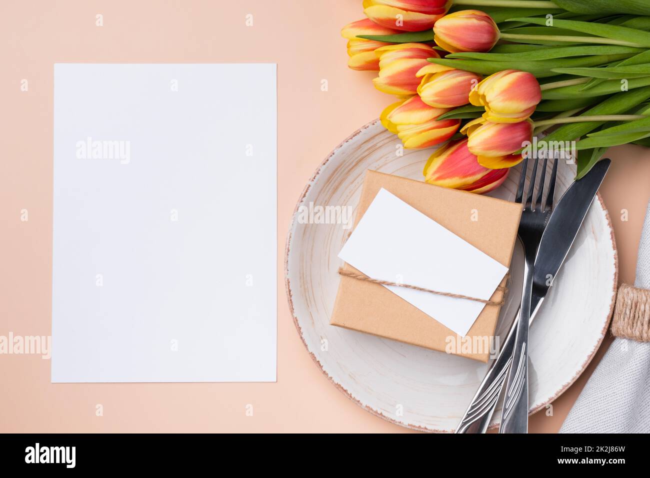 Mockup Menu Card Top View Of Table Setting With Menu Card Present Cutlery And Fresh Tulips