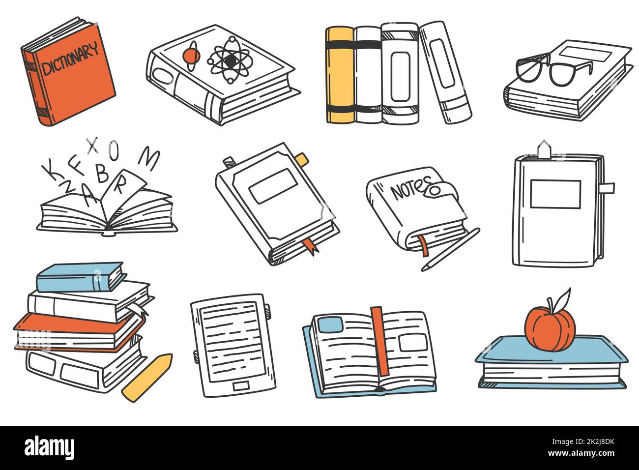 Hand Drawn Book Doodle Set. Stack Of Books With Bookmarks And Notebooks 