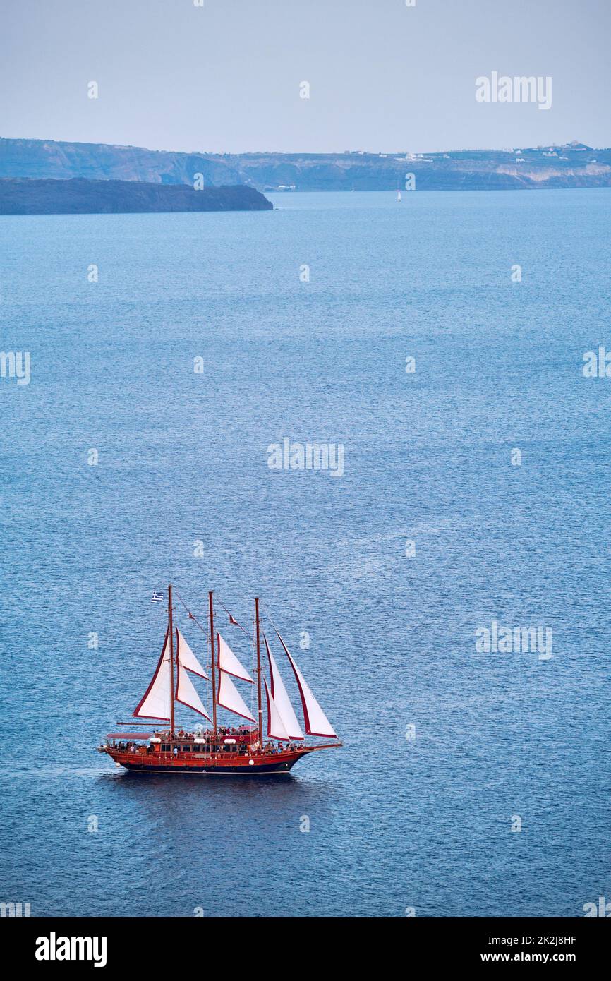 Schooner vessel ship boat in Aegean sea near Santorini island with ...