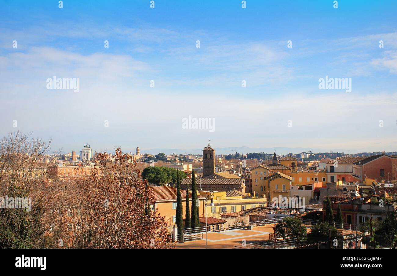 Cityscape of Rome, Italy, a view with tower of church Saint Maria in ...