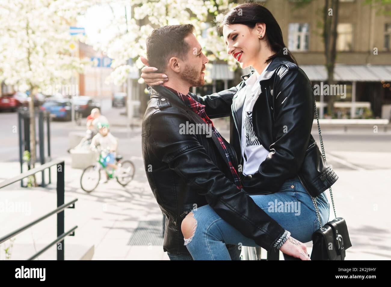 Beautiful couple in love wearing leather jackets during a date on a ...