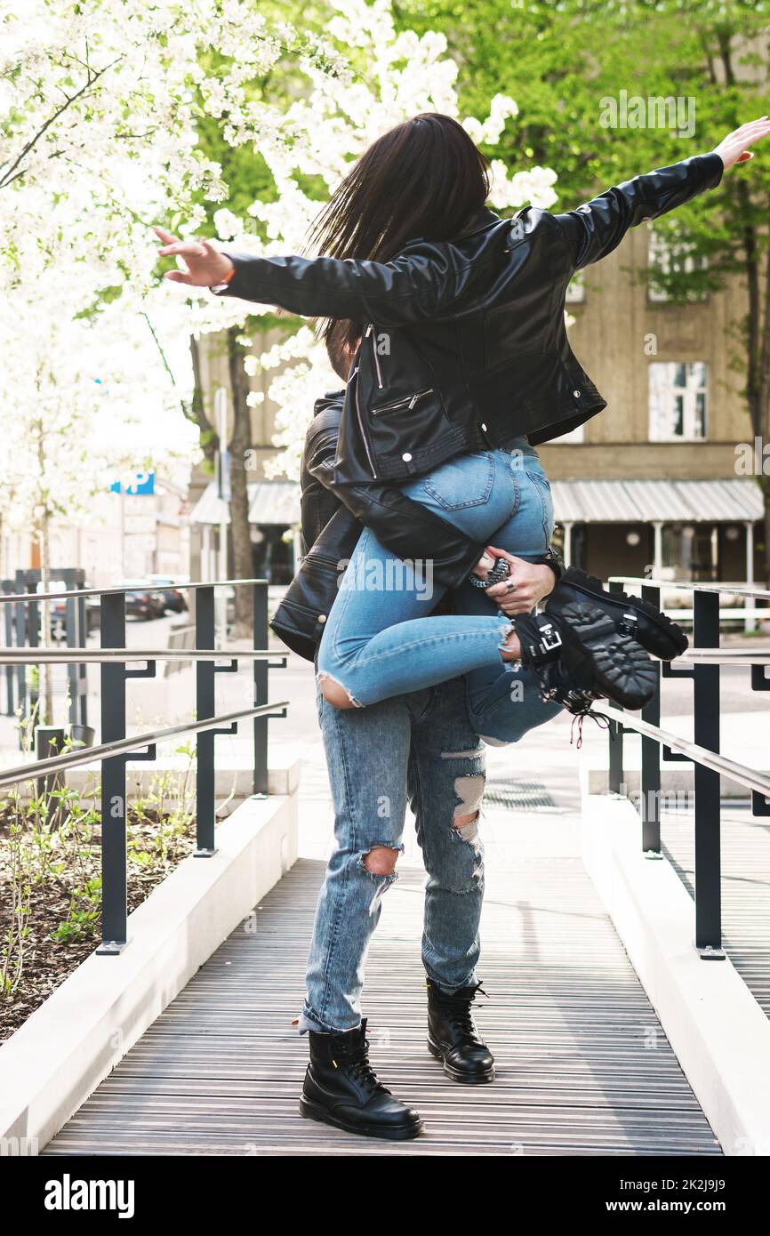 Beautiful couple in love wearing leather jackets during a date on a ...