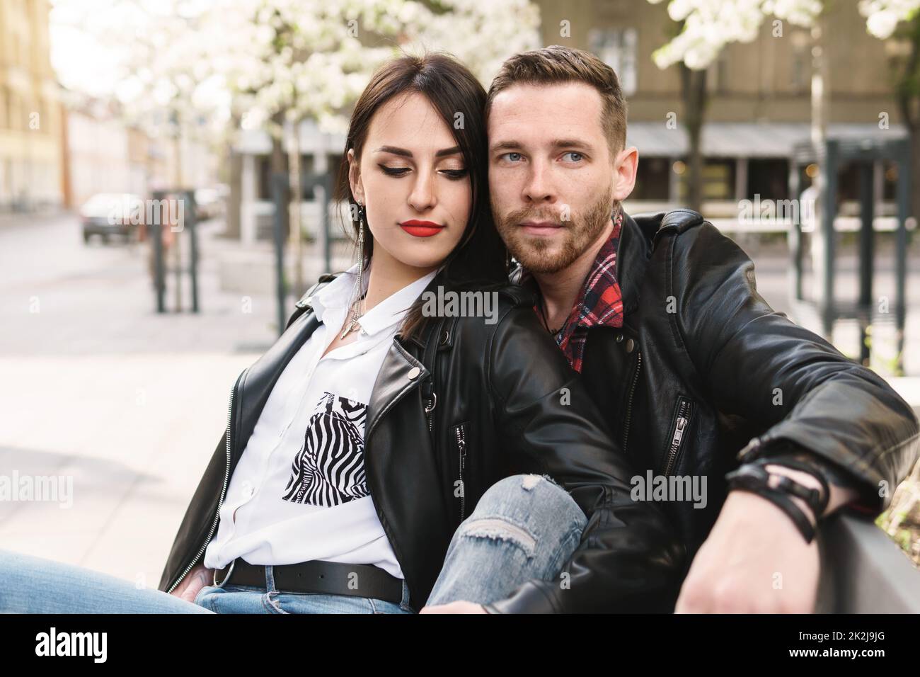 Beautiful couple in love wearing leather jackets during a date on a ...
