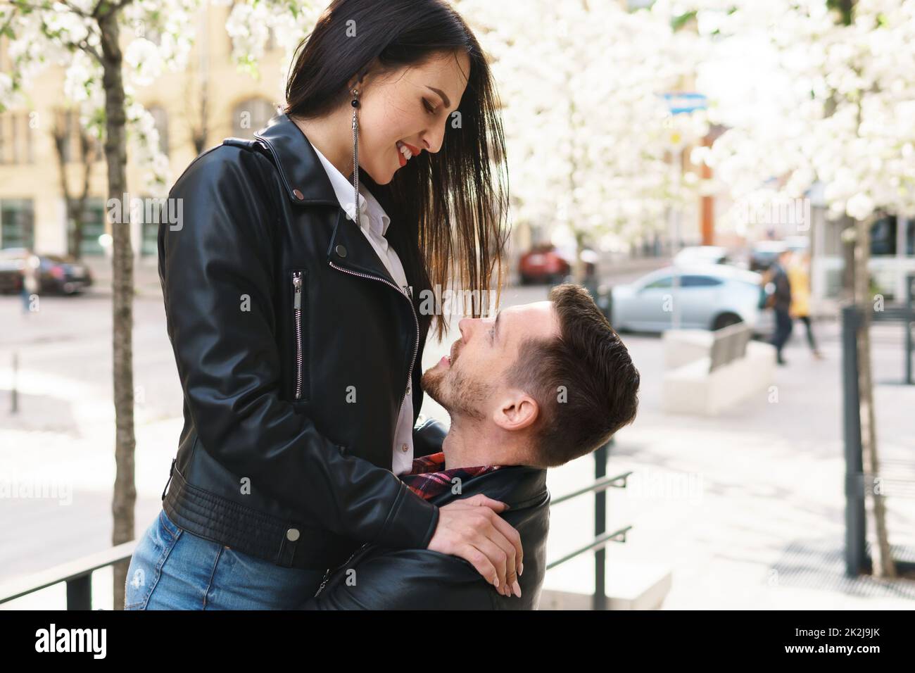 Beautiful couple in love wearing leather jackets during a date on a ...