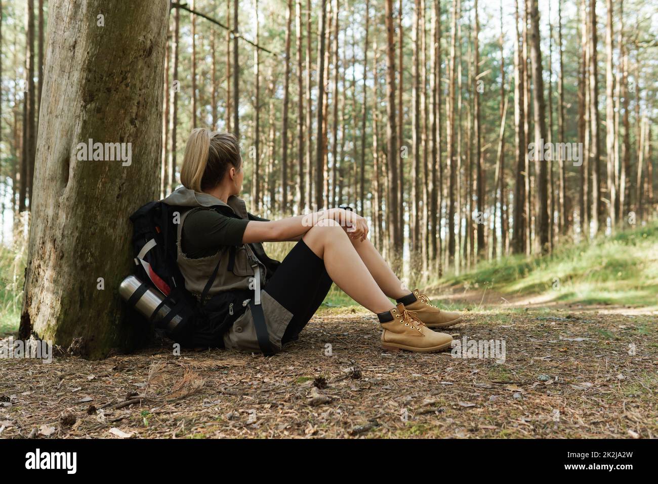 Female hiker during small halt sitting on the ground in green forest ...