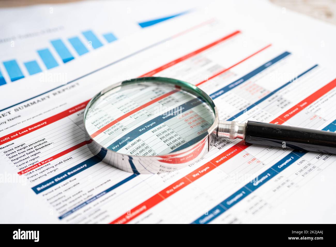 Magnifying glass and calculator on spreadsheet and charts graphs paper ...