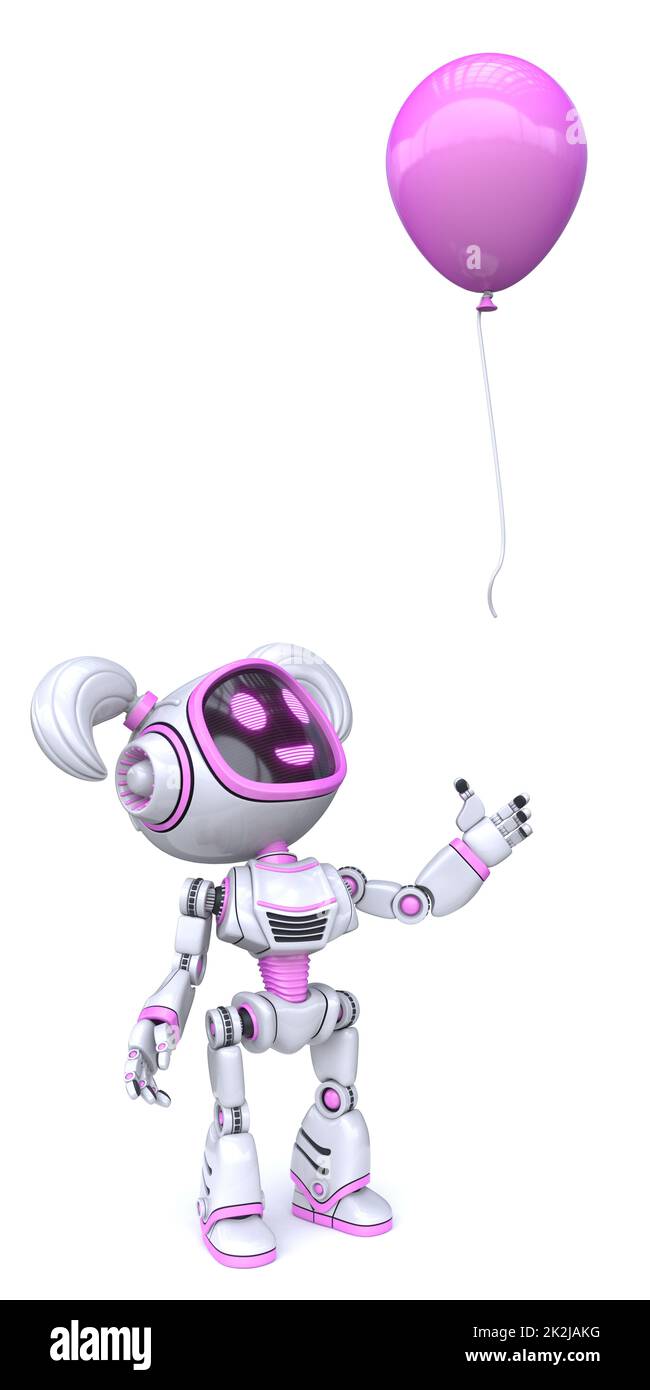 Cute pink girl robot look at flying balloon 3D Stock Photo - Alamy
