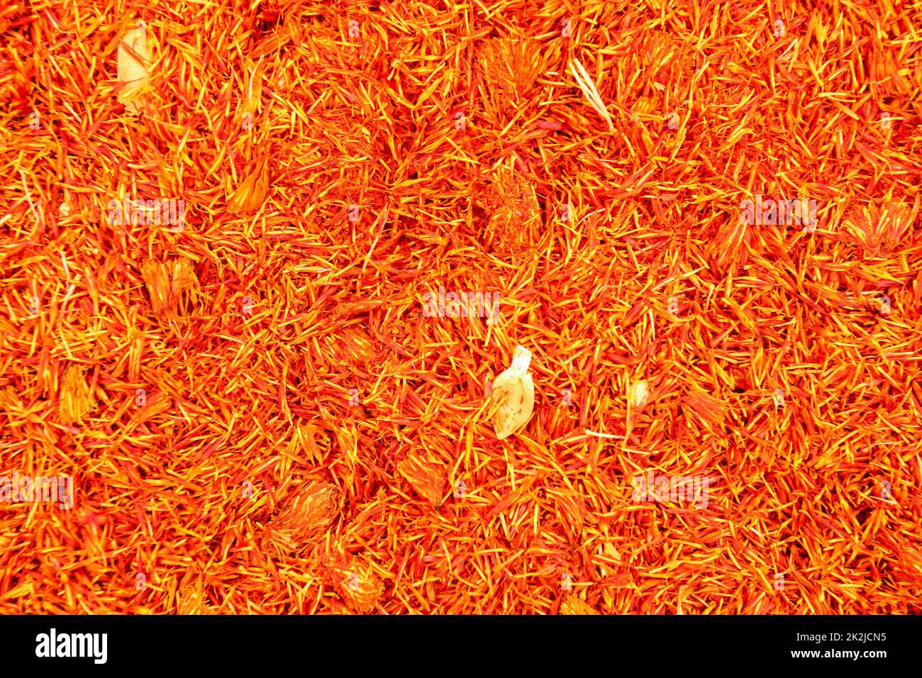 Top view, detail of bright orange red dried saffron (Crocus sativus ...