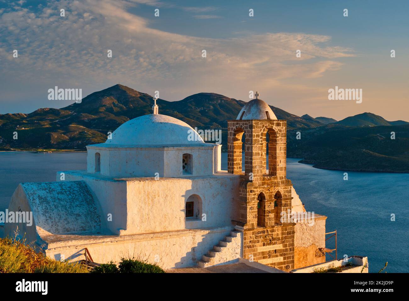 Greek Orthodox church in Plaka village on Milos island on sunset in ...