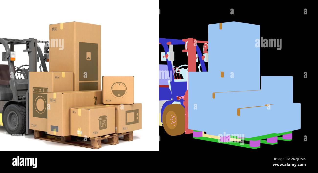 delivery from the store concept The loader loads boxes with equipment ...