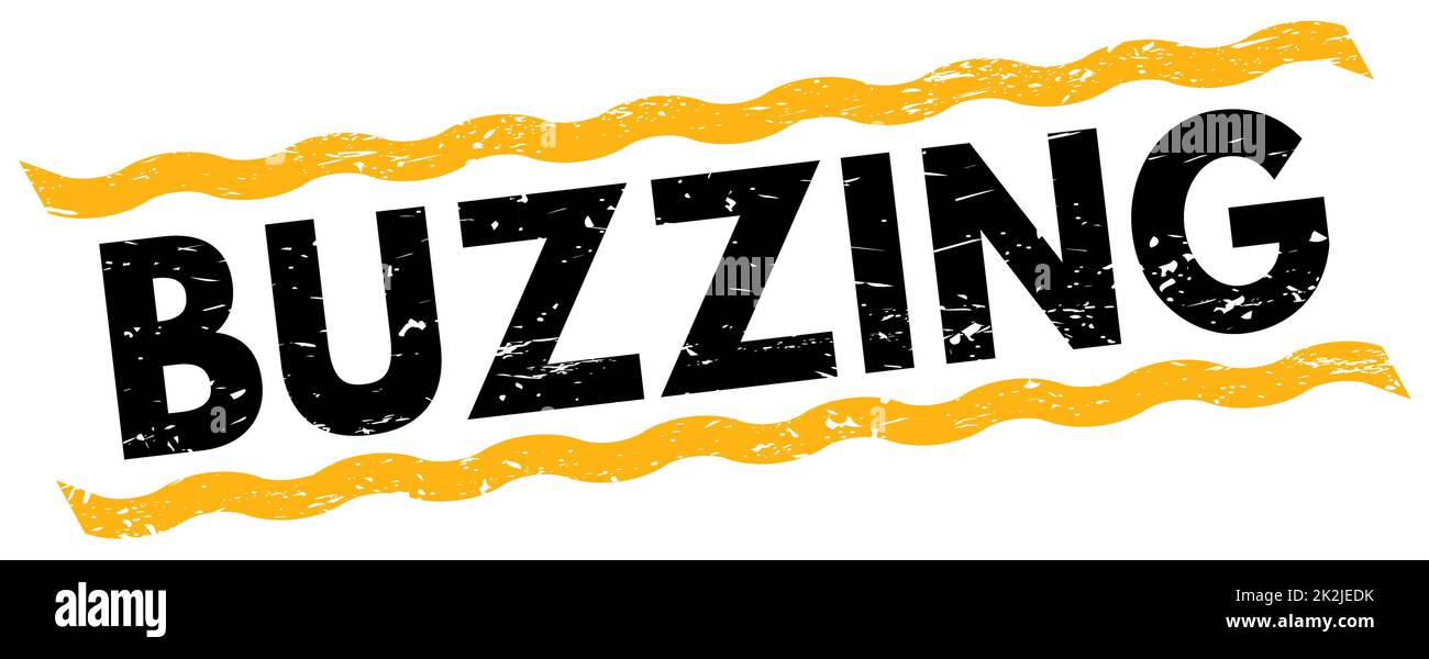 BUZZING text written on yellow-black lines stamp sign Stock Photo - Alamy
