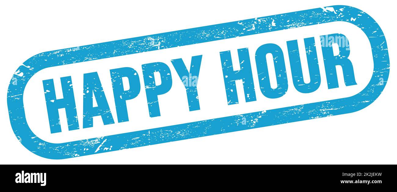 HAPPY HOUR, text on blue rectangle stamp sign Stock Photo - Alamy