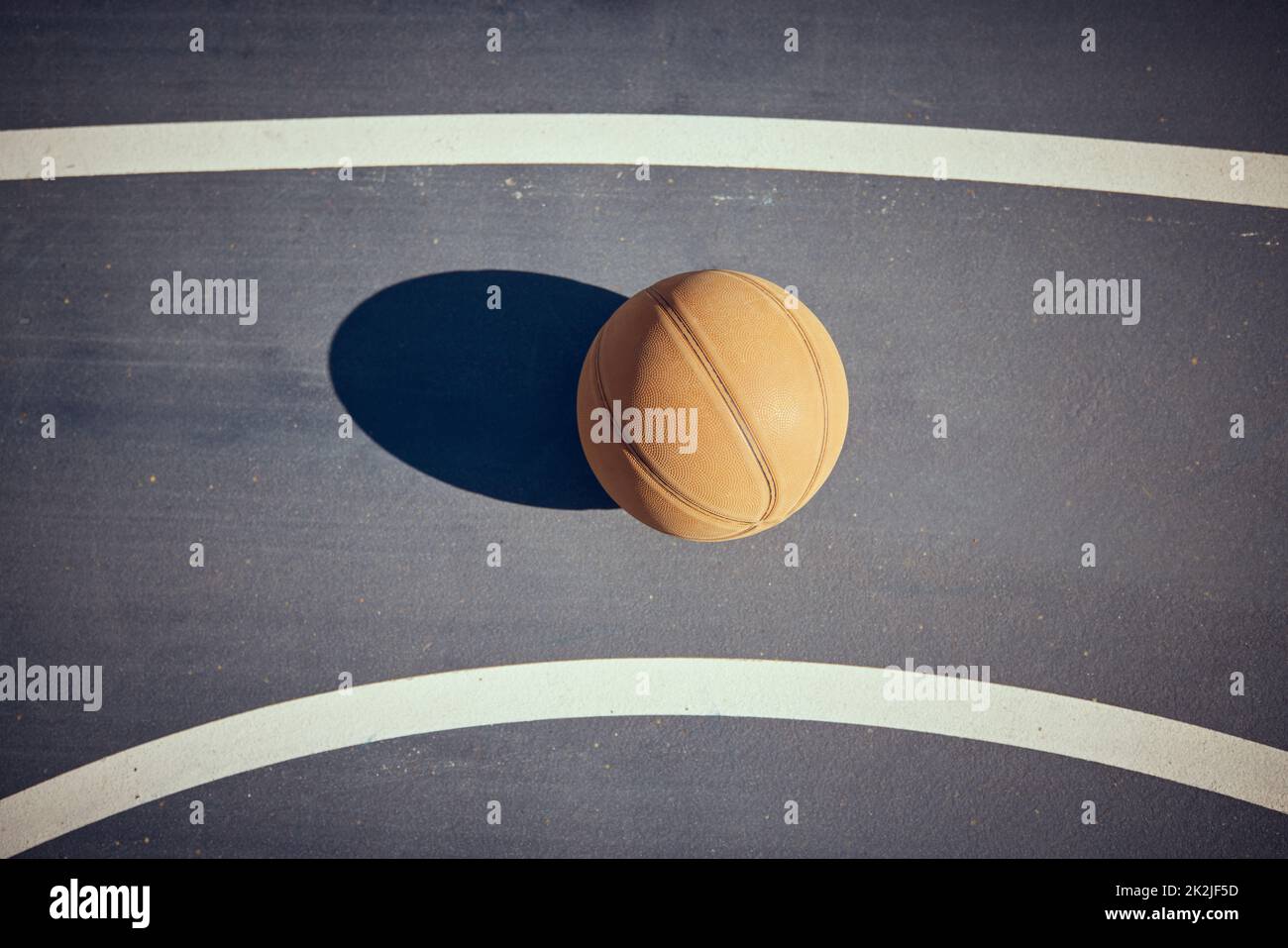 Basketball, empty game court and sports ball ready for sport exercise ...
