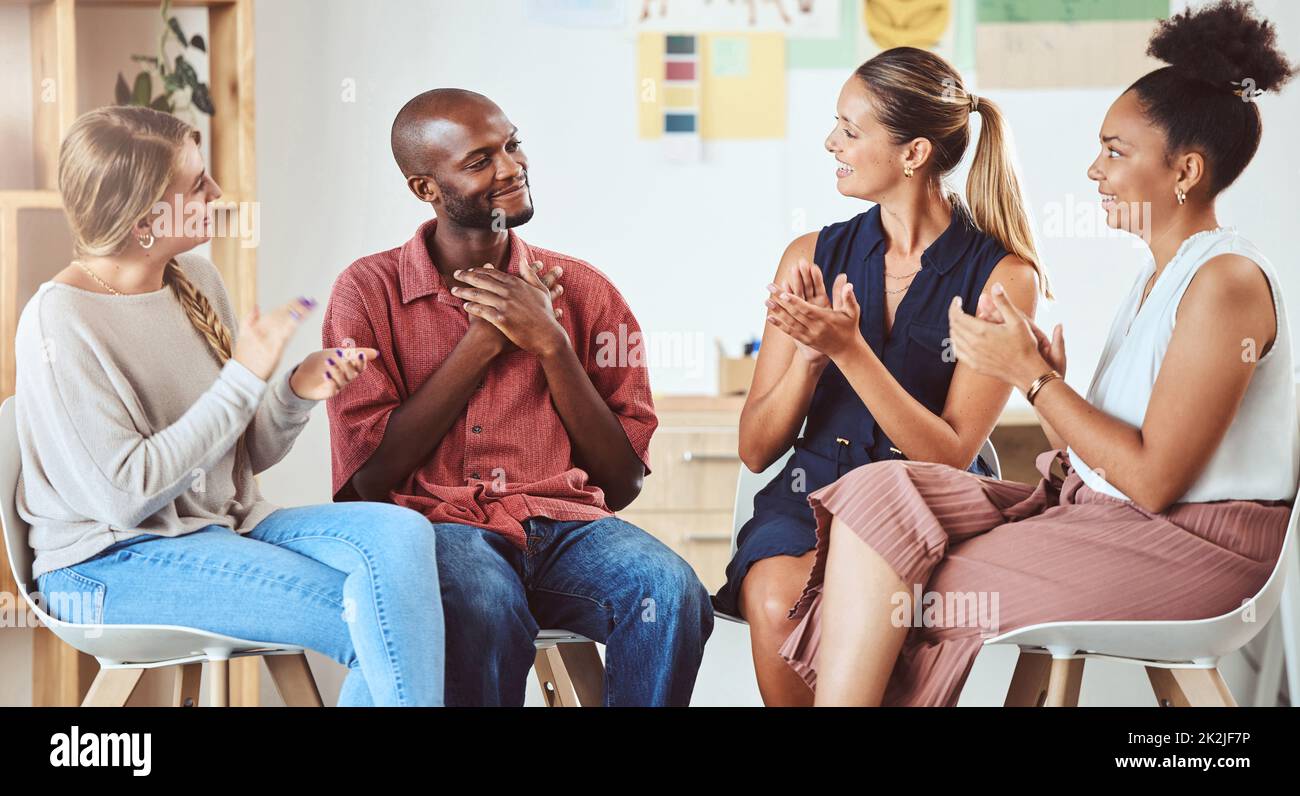 Team building, applause and business people celebration of success ...