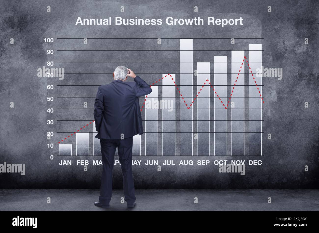 Analyzing the years performance. A rear view of a businessman looking ...