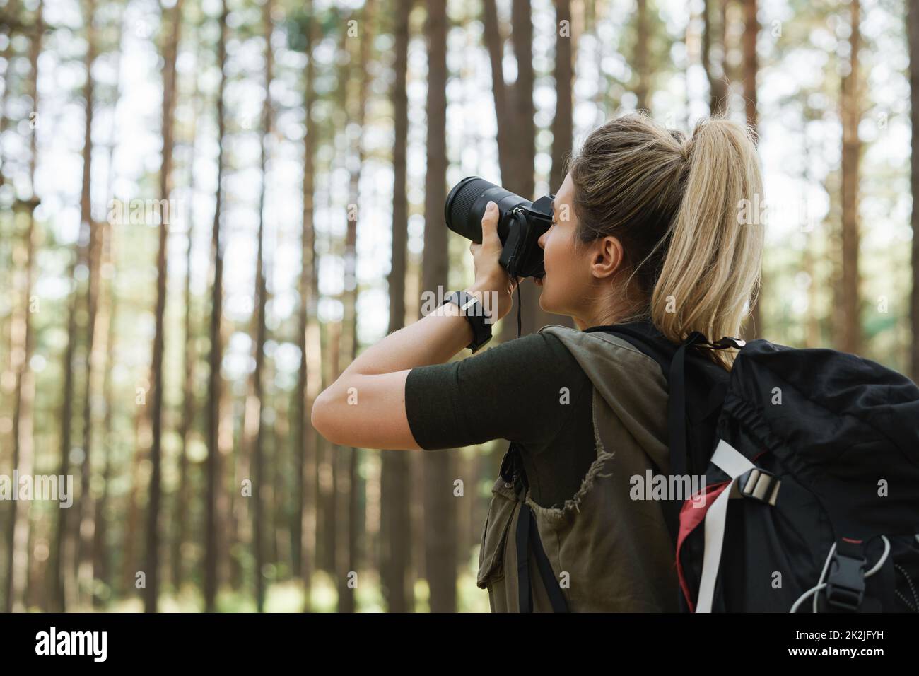Hiker taking photos using modern mirrorless camera in green forest ...