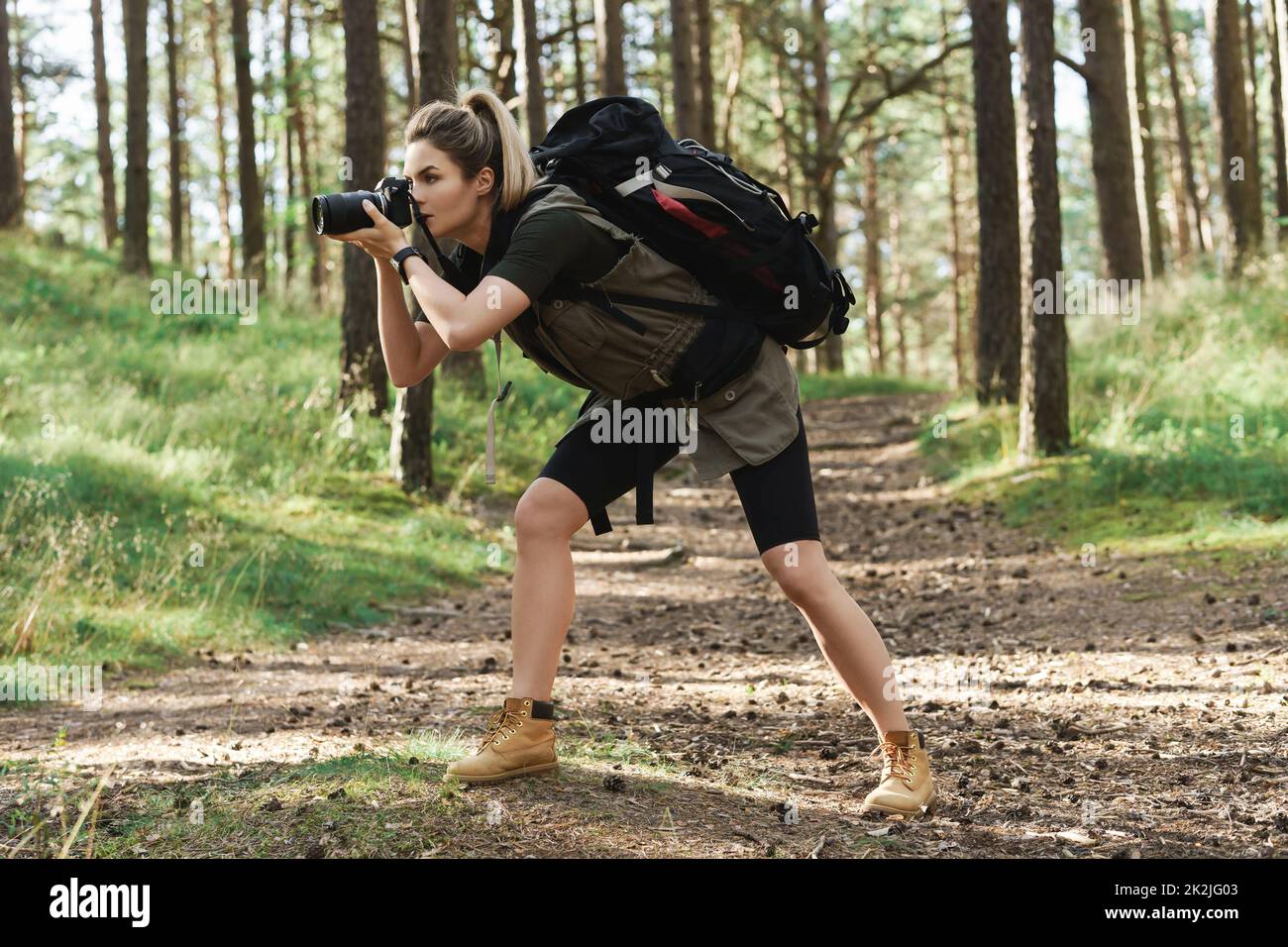 Hiker taking photos using modern mirrorless camera in green forest ...
