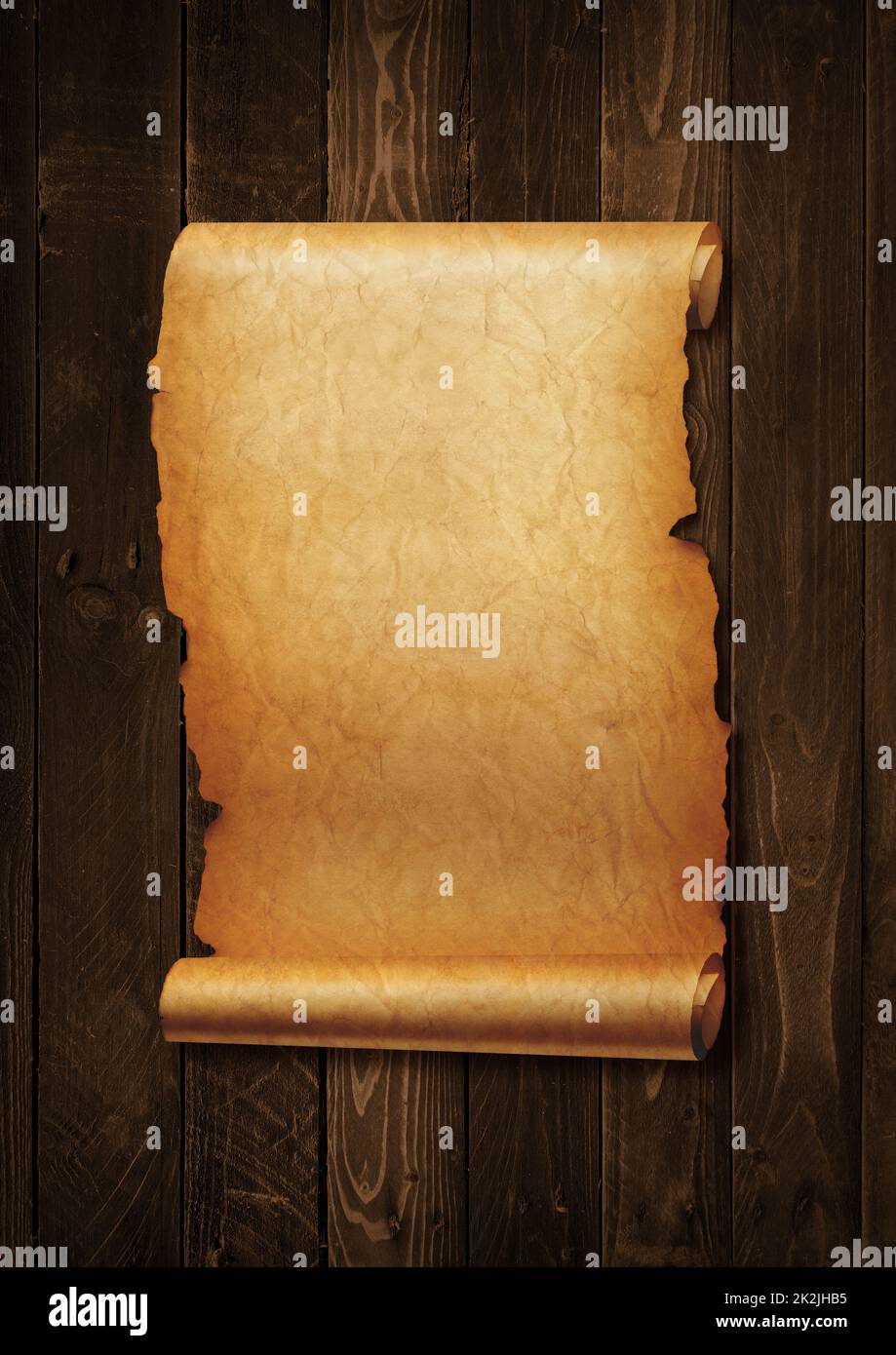 Old mediaeval paper sheet. Parchment scroll on a wood board Stock Photo ...