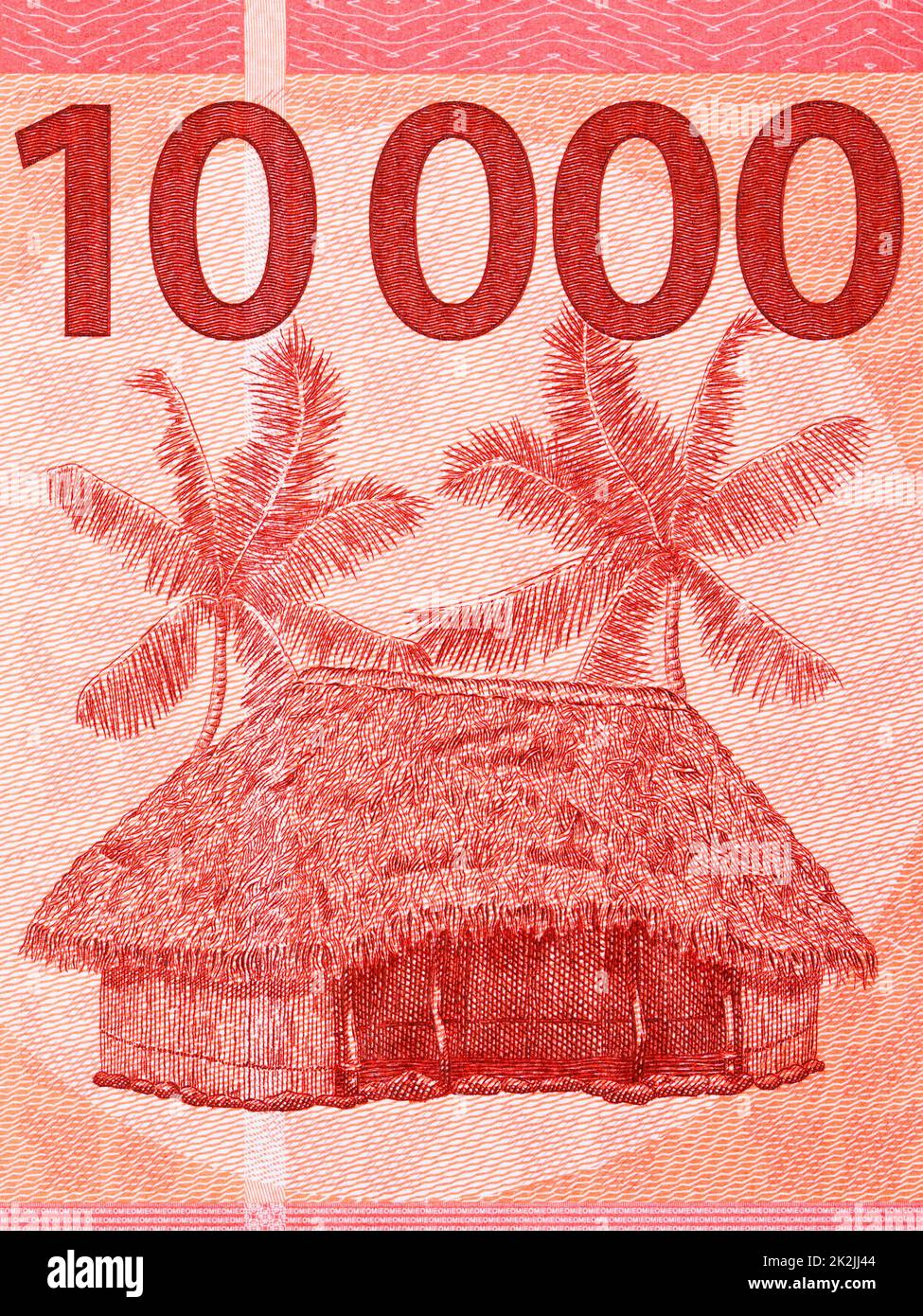 Hut and palm trees from French Pacific Territories money Stock Photo ...