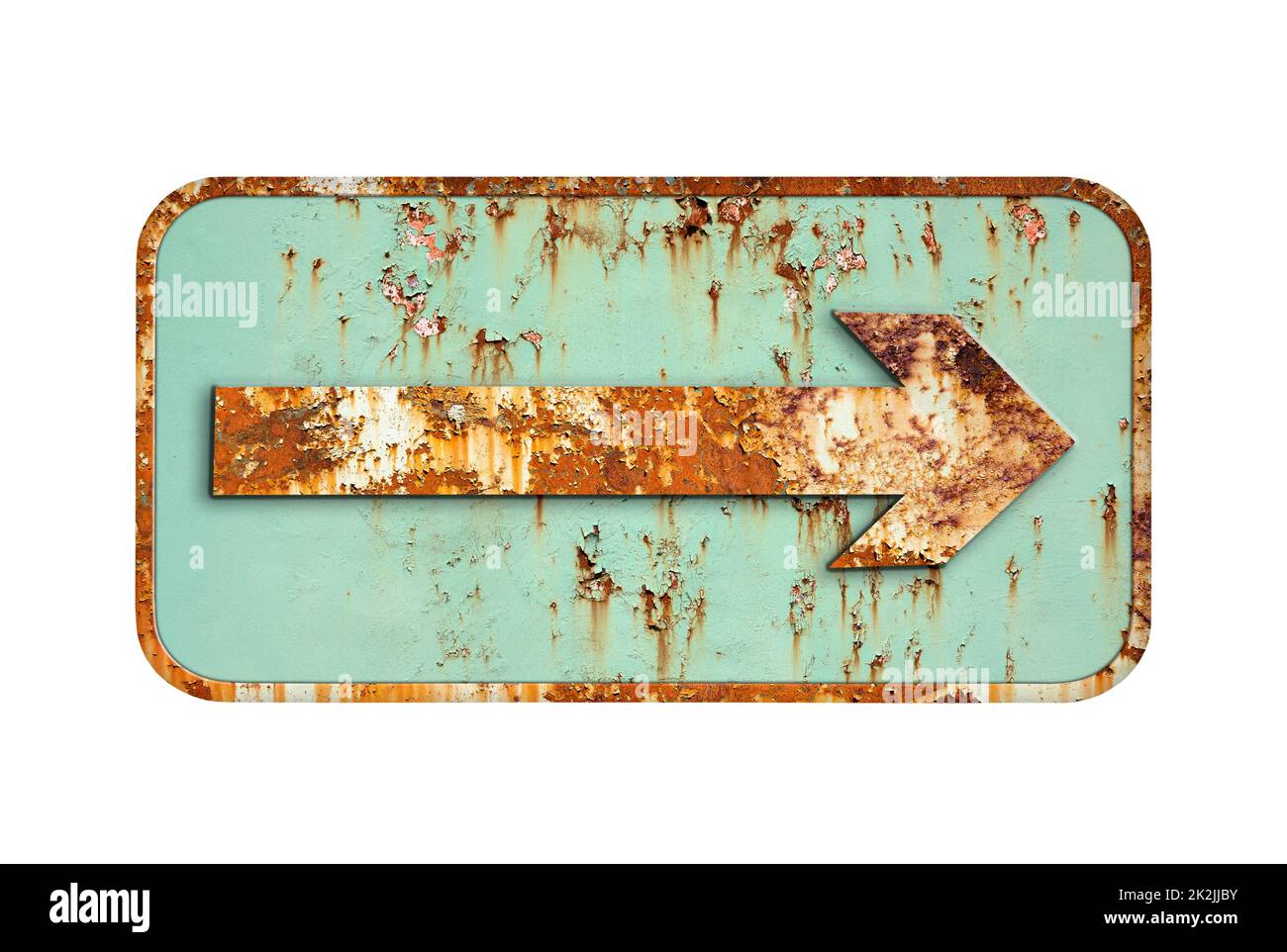 Old rusty metal sign with direction arrow isolated on white with ...