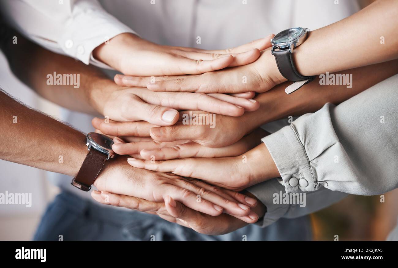 Business teamwork hands, support and collaboration in motivation for ...