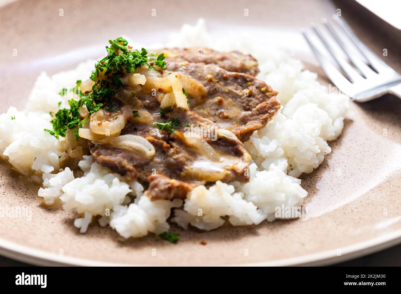 pork meat with onion sauce and rice Stock Photo - Alamy