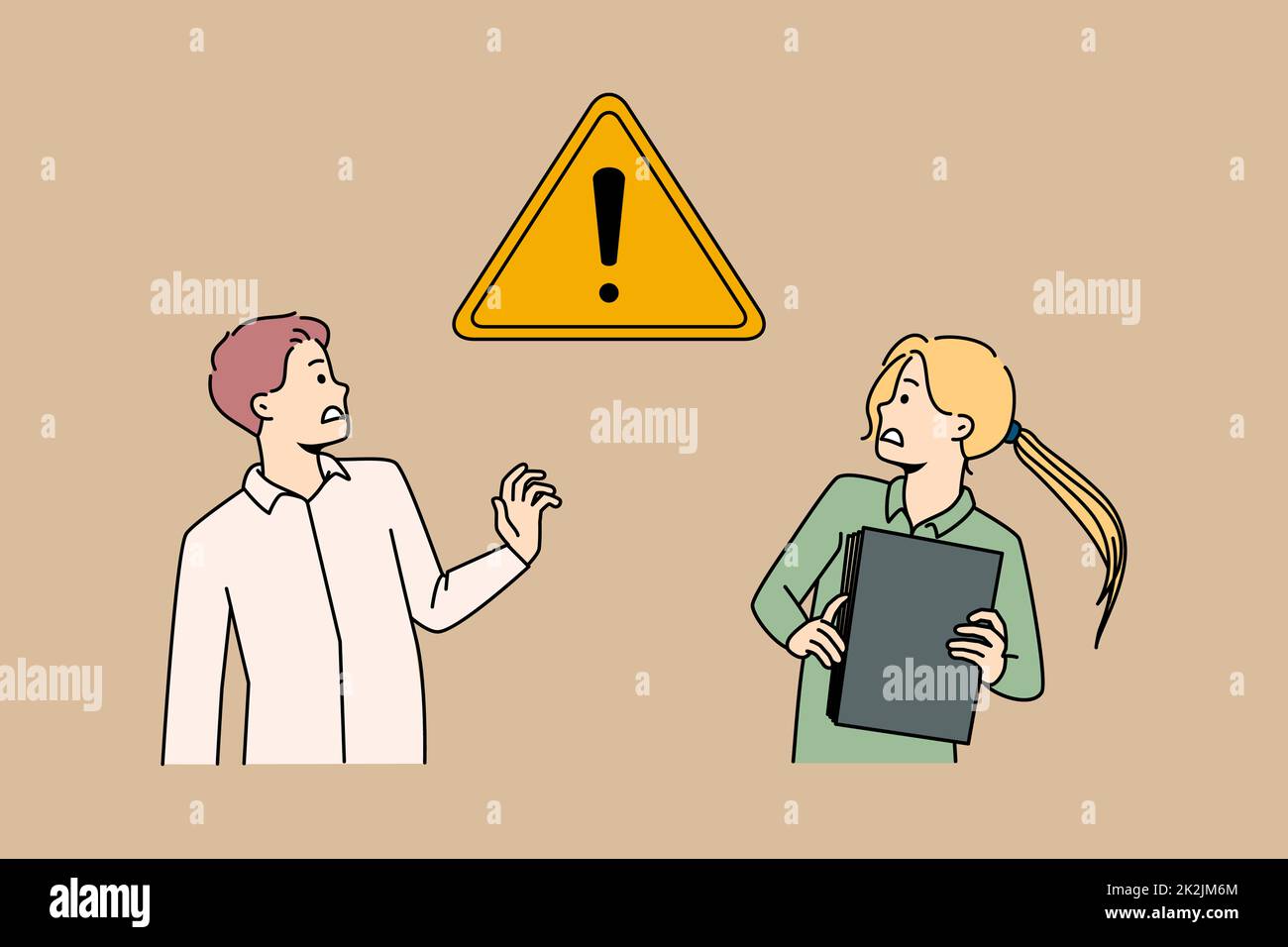 Frustrated businesspeople scared of warning sign Stock Photo - Alamy