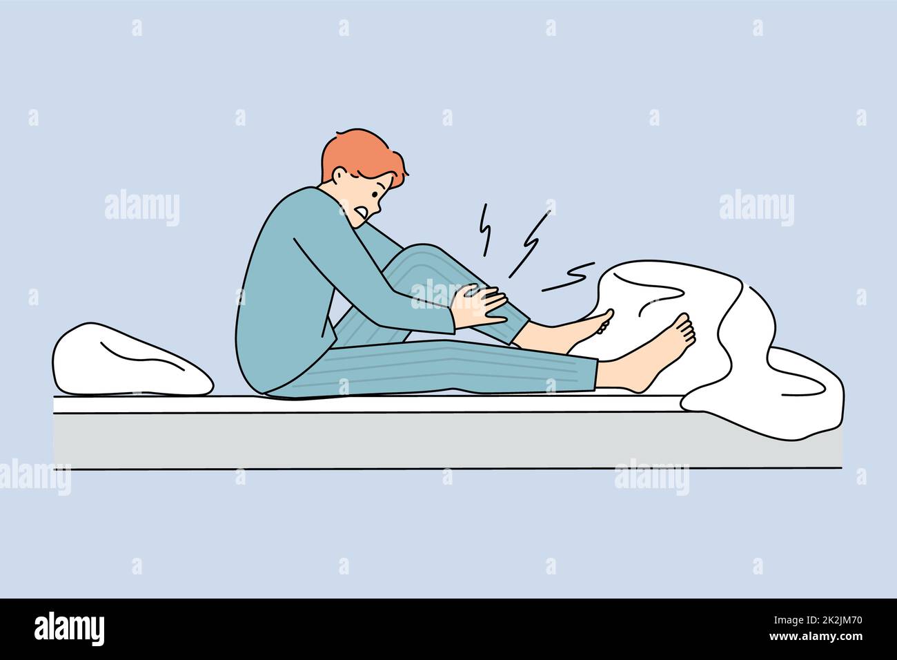 Unwell man in bed suffer from leg cramp Stock Photo - Alamy
