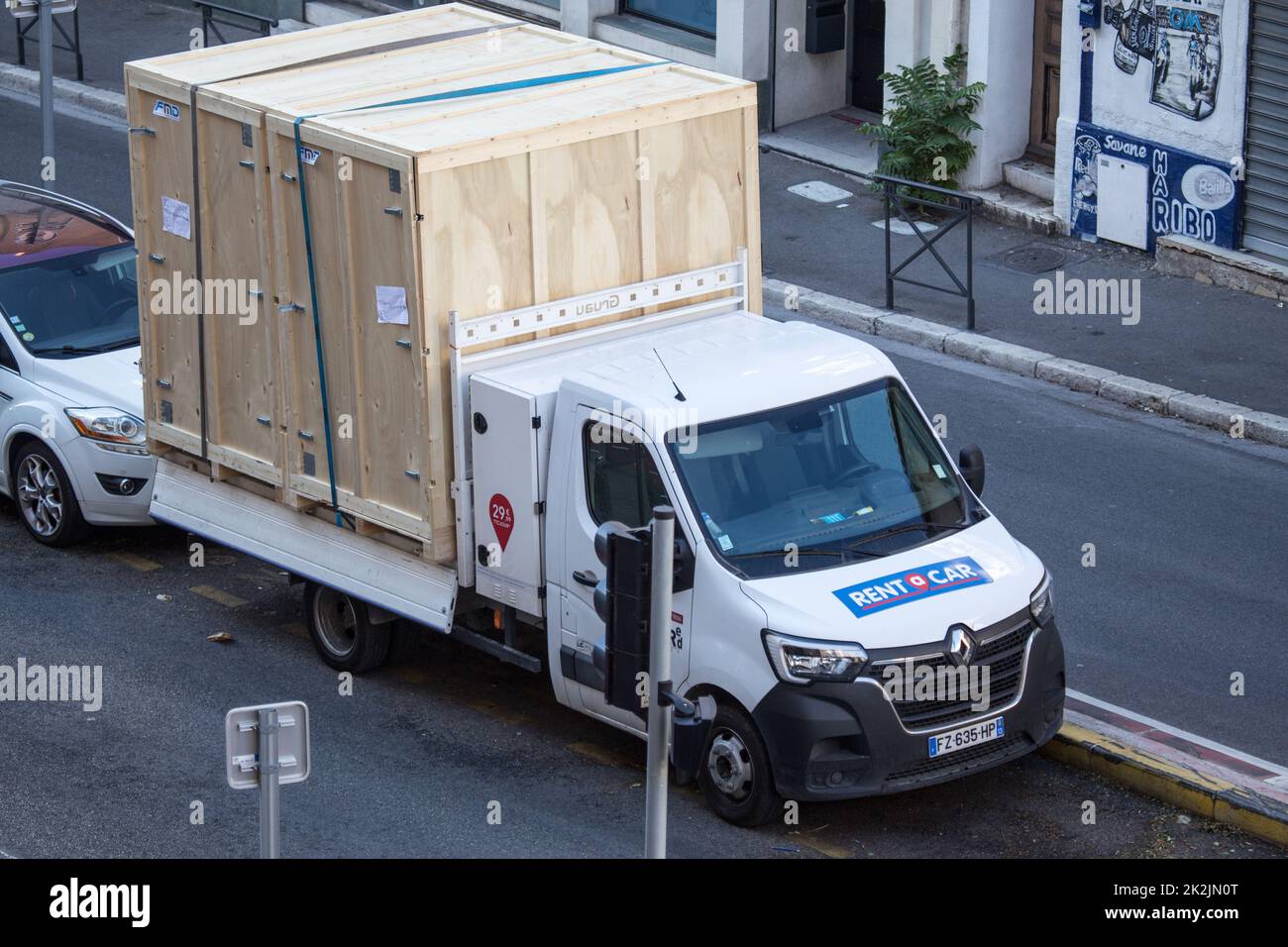 Wood containers on a truck Stock Photo - Alamy