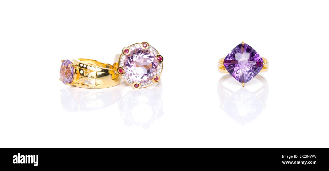 Amethyst, ruby and white zircon Jewel or gems ring on white background ...