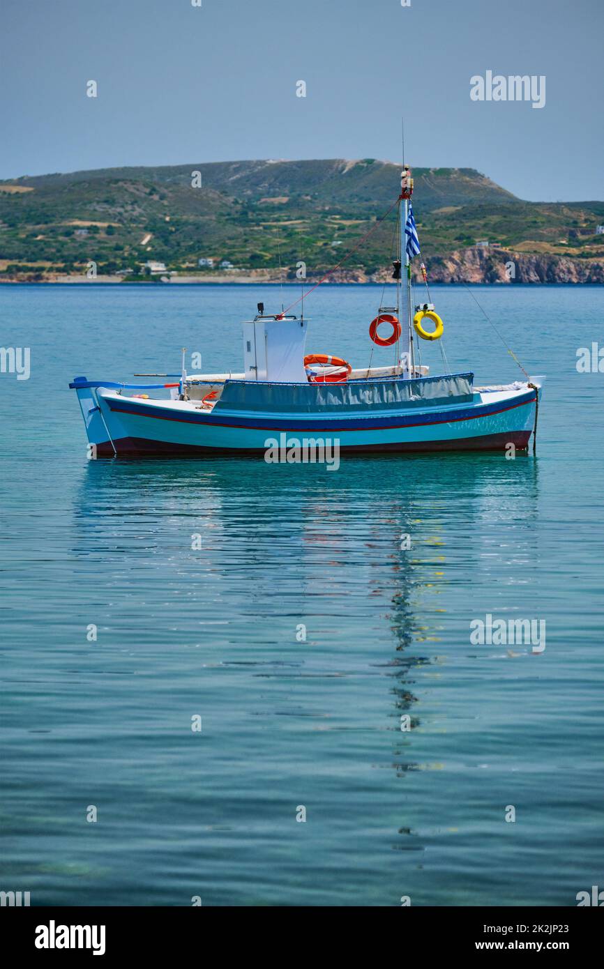Greek fishing boat in Aegean sea near Milos island, Greece Stock Photo ...