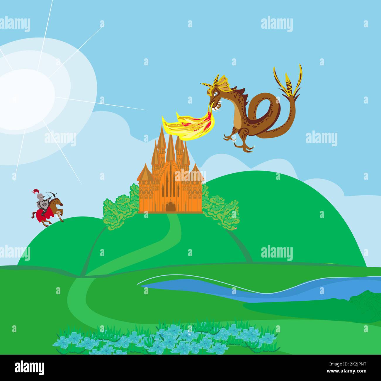 Dragon attacks the castle illustration Stock Photo - Alamy