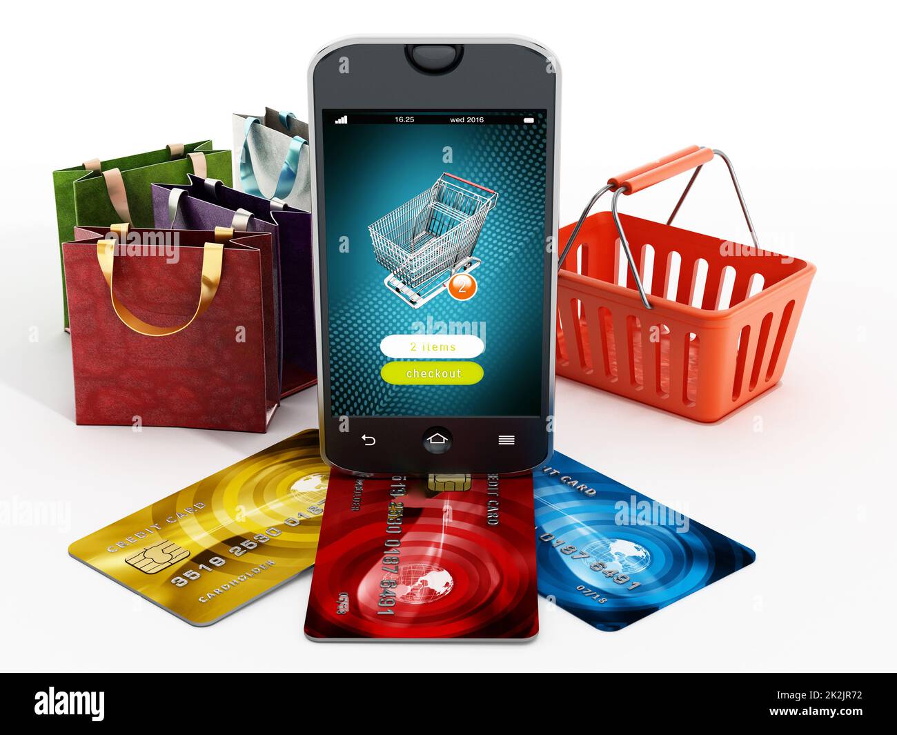 Smartphone, credit cards, shopping bags and basket Stock Photo - Alamy
