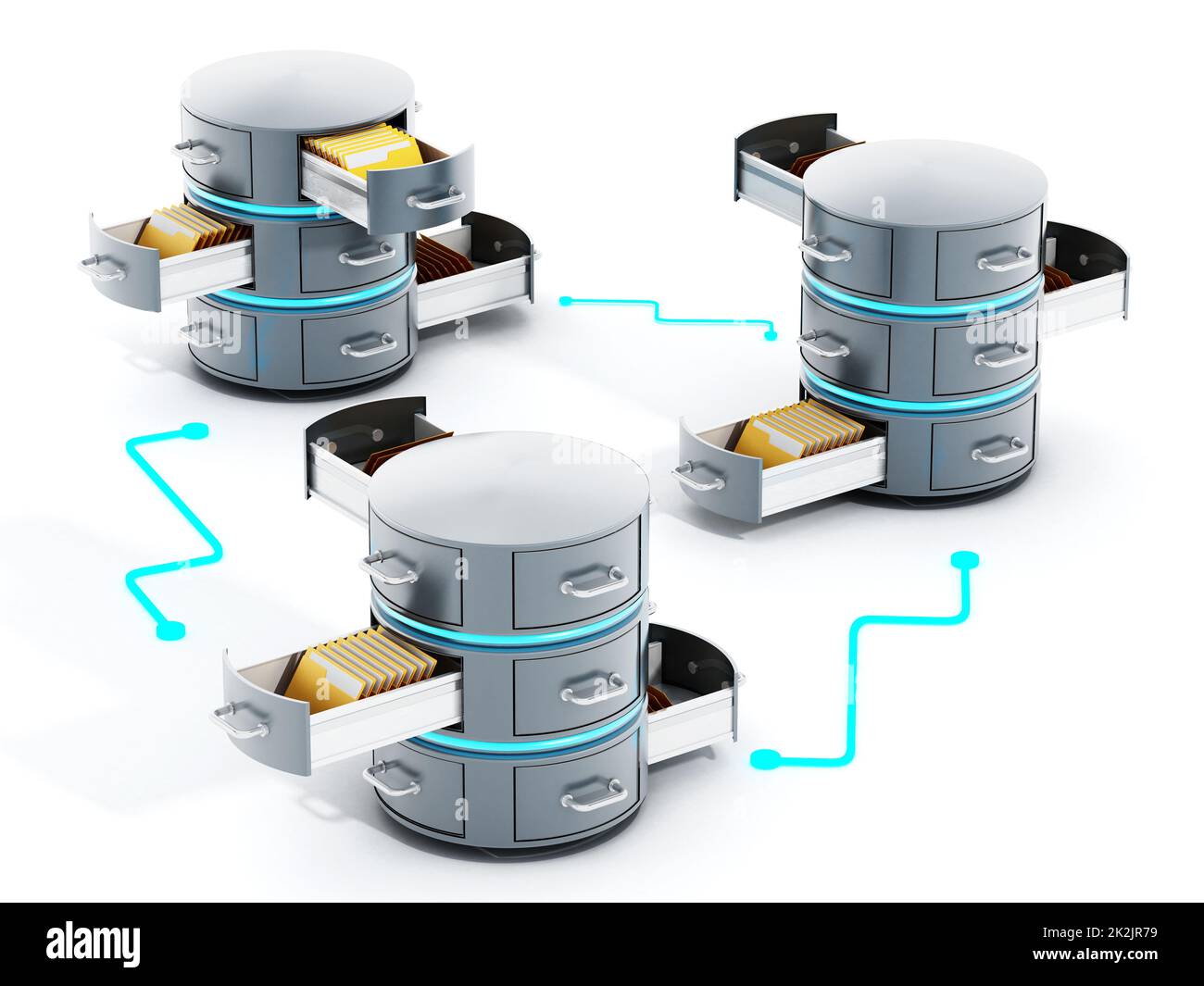 Connected data servers with open file racks. 3D illustration Stock ...