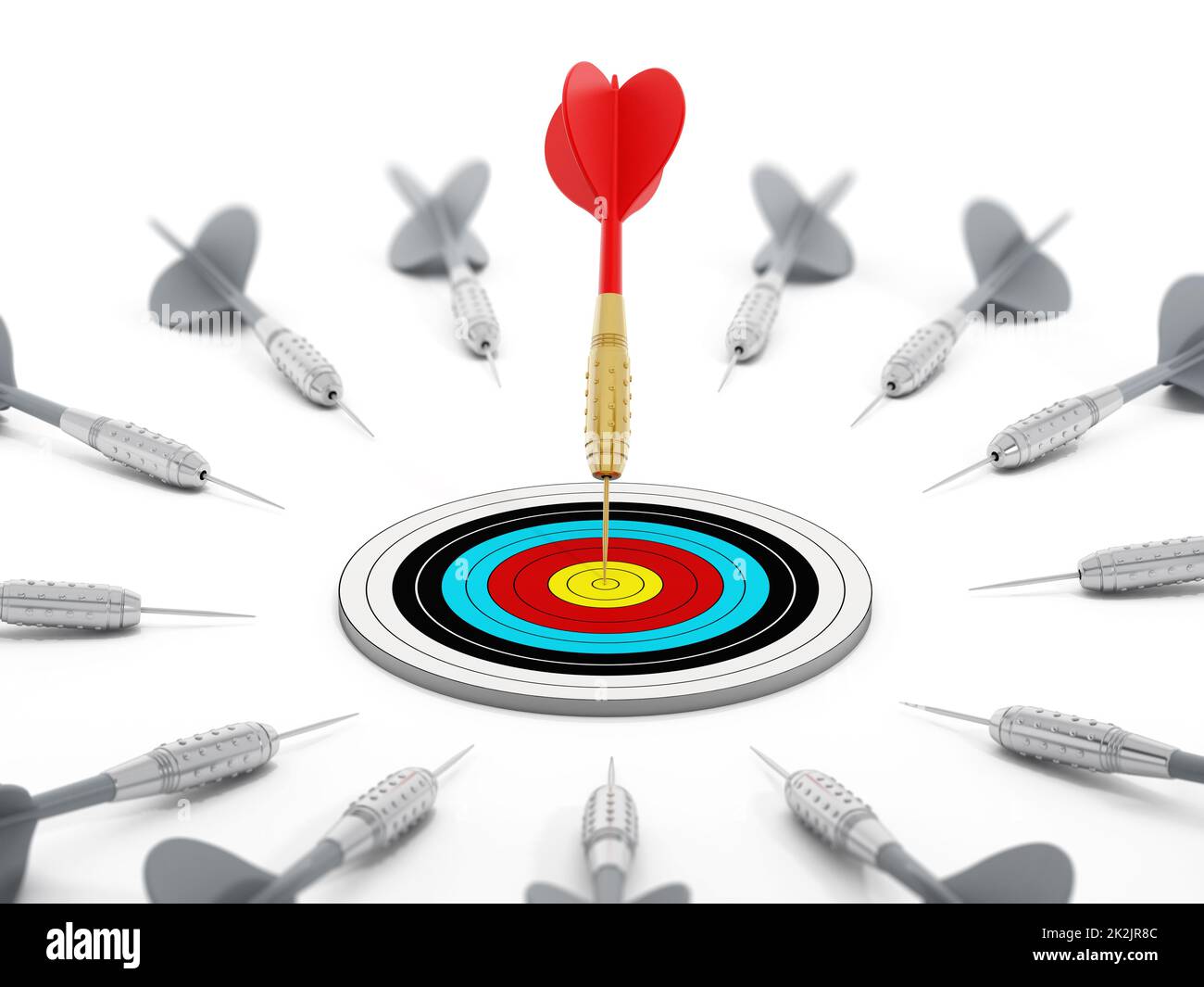 Red dart and target stand out among gray darts. 3D illustration Stock ...