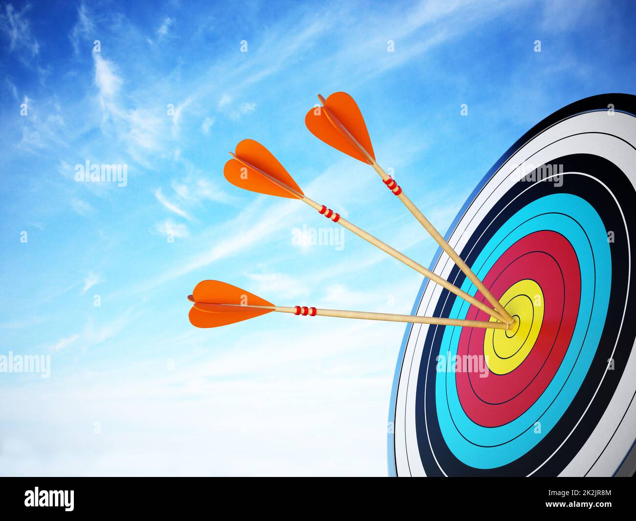 Three arrows hit at the center of the target. 3D illustration Stock ...