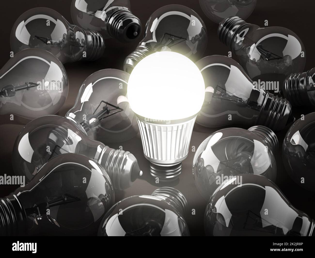 Energy efficient light bulb among standard light bulbs. 3d illustration ...