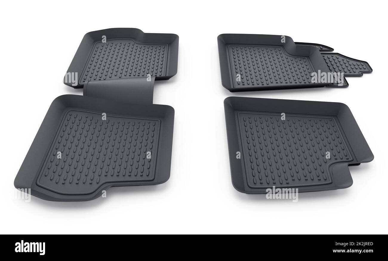 Black rubber car mats isolated on white background. 3D illustration ...
