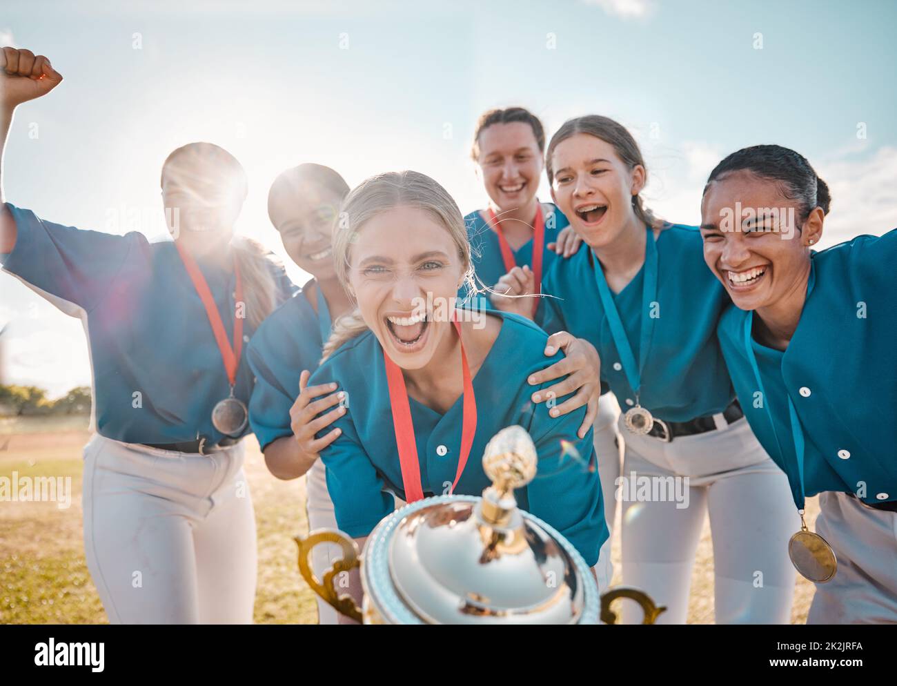 Winning trophy and team of women in baseball portrait with success ...