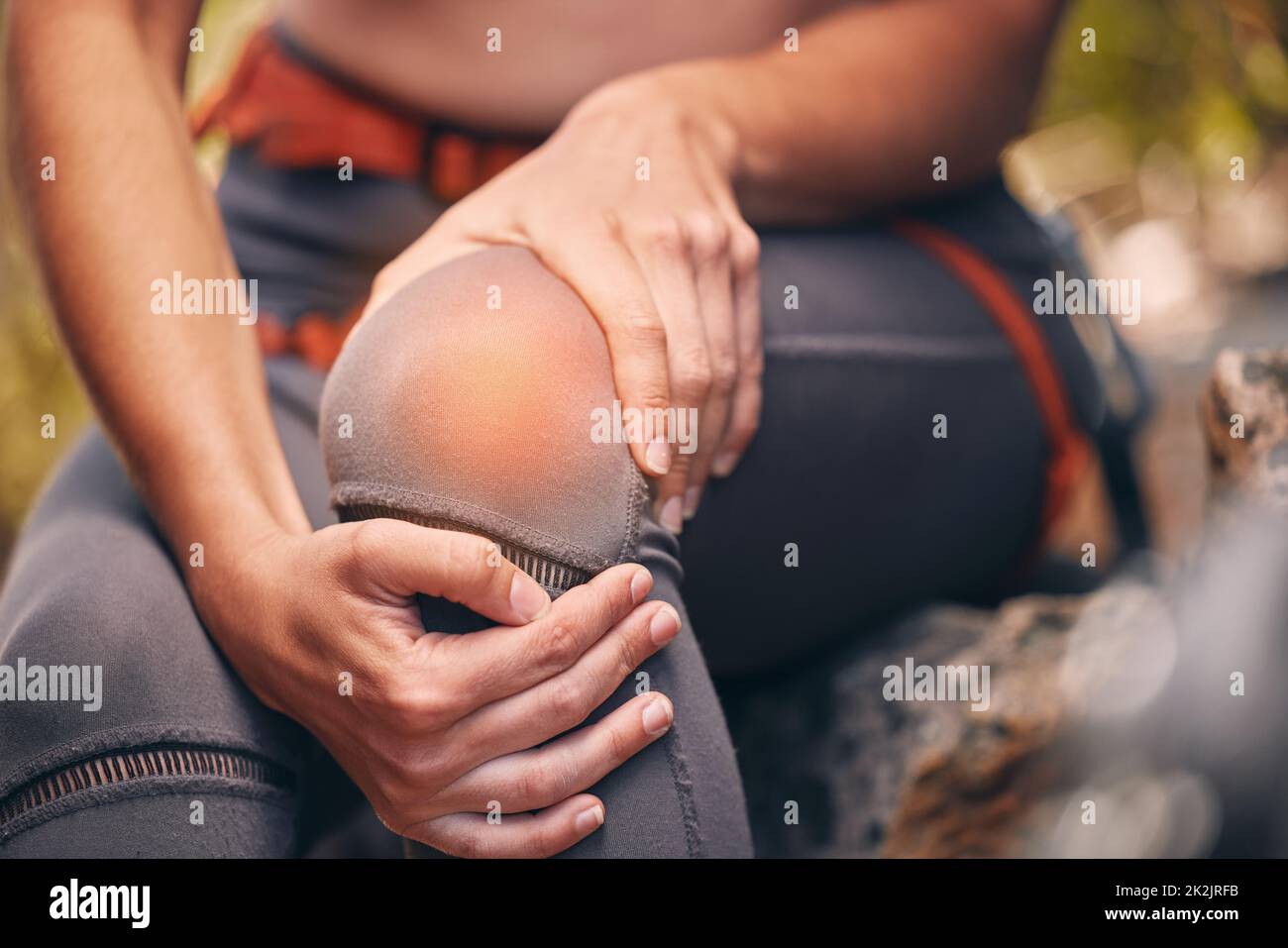 Knee, pain and injury with a hiker suffering with a painful leg getting ...