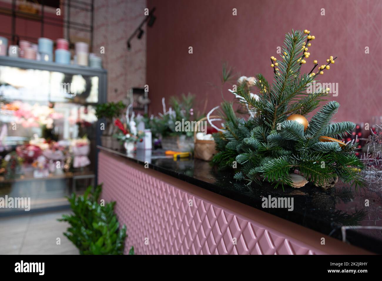 stylish Christmas tree arrangement of natural fir needles in the ...