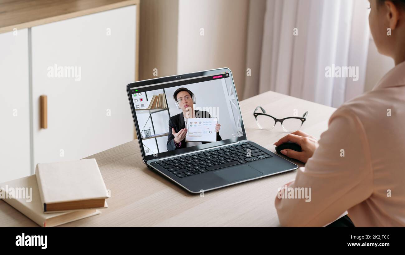 Home teleconference. Business webinar. Digital meeting. Woman watching ...