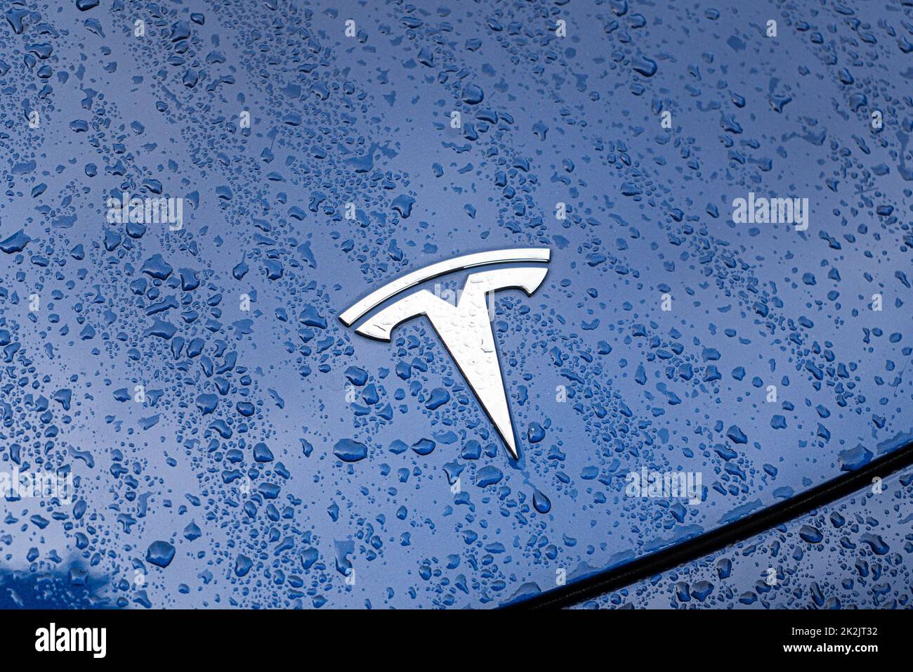 23 September 2022: Tesla car logo covered in rain drops Stock Photo - Alamy