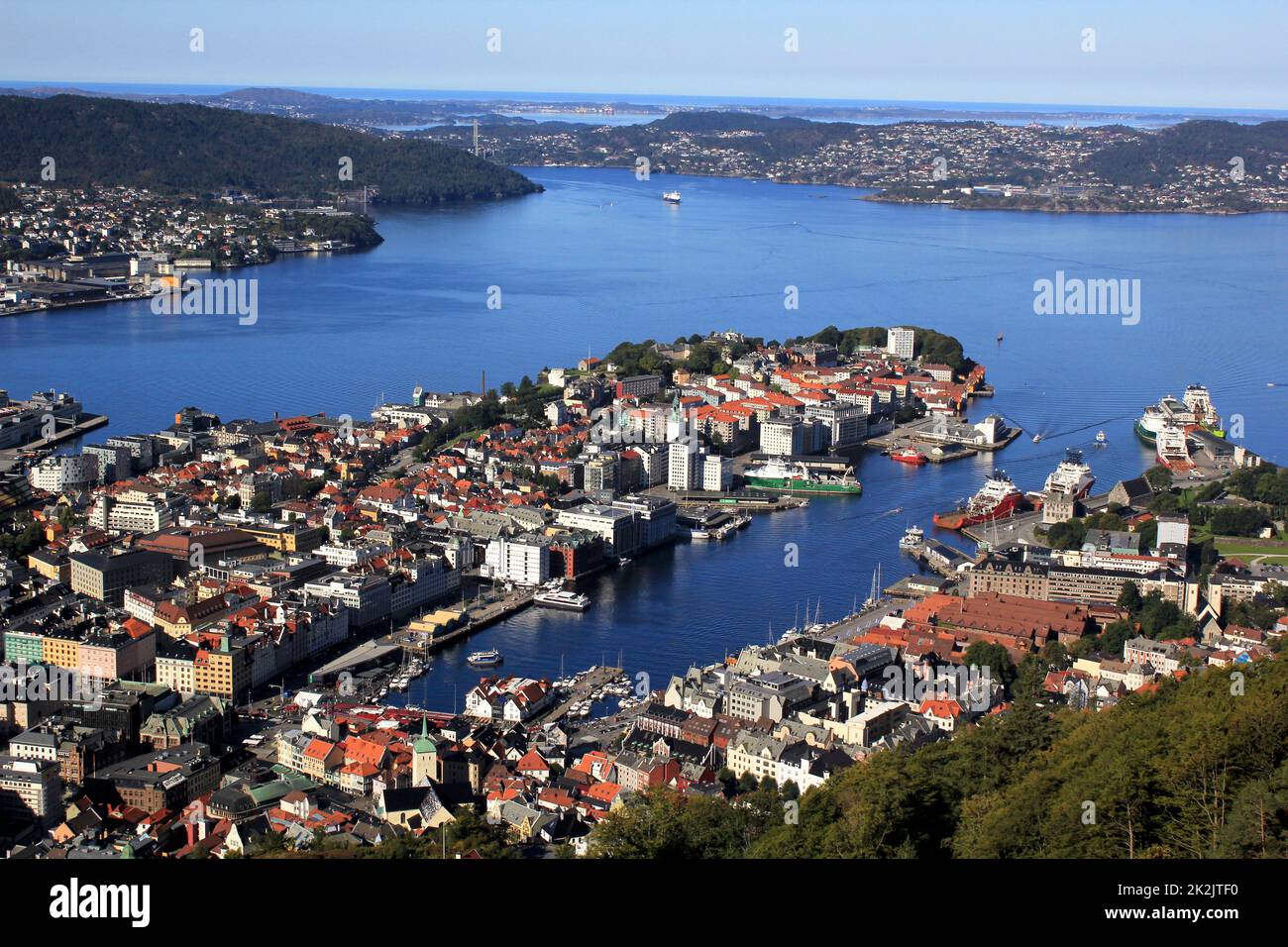 The view across Bergen and its harbour from the top of the funicular on ...