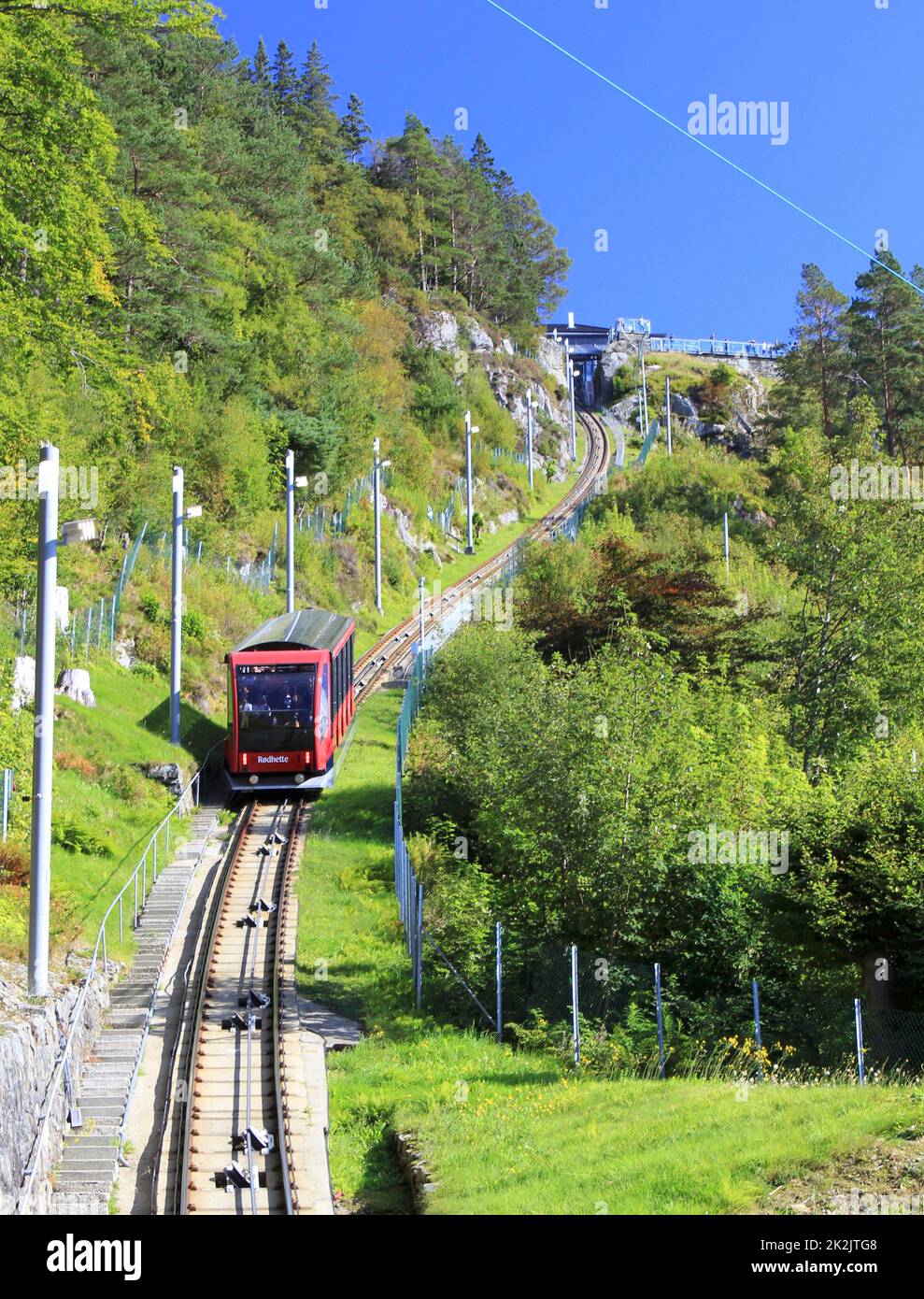 The Floibanen Funicular descends the tracks towards Bergen in Norway ...