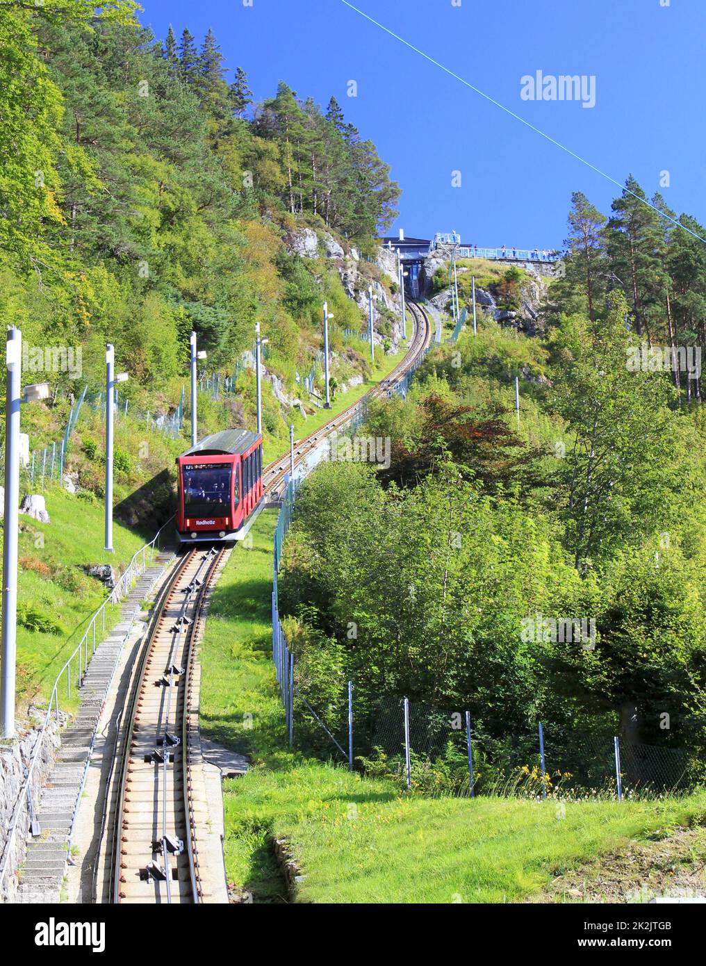 The Floibanen Funicular descends the tracks towards Bergen in Norway ...