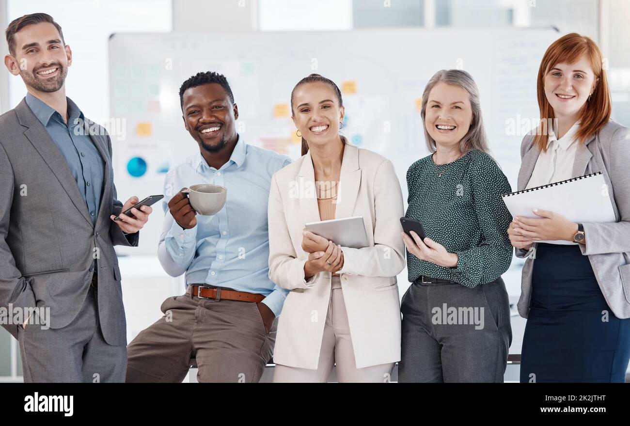 Collaboration, diversity and team success of accounting and corporate business people standing ...